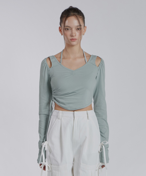 MUSINSA | JINJUSE HALTER NECK SHIRRING TOP[MINT]