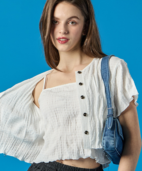 MUSINSA | KOLEAT Setup Summer Cooling Mamong Cropped Cardigan Short-Sleeved T-Shirt Spaghetti ...