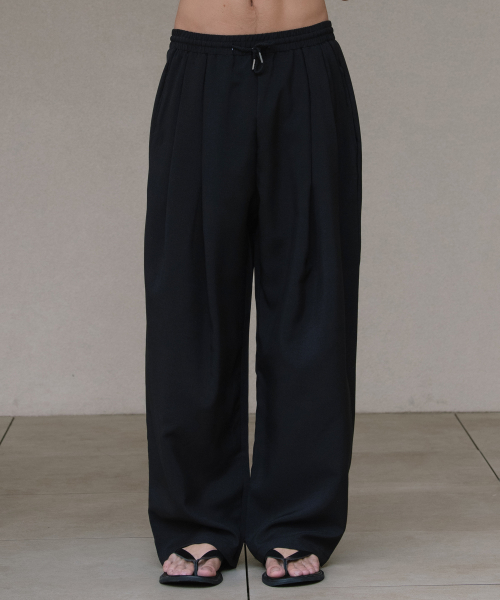 데꼬로소(DECOROSO) 쿨 린넨 라이크 투턱 링클프리 와이드 밴딩 팬츠 [블랙] - 사이즈 & 후기 | 무신사