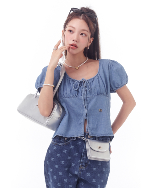 MUSINSA | ANOETIC DENIM RIBBON PUFF BLOUSE
