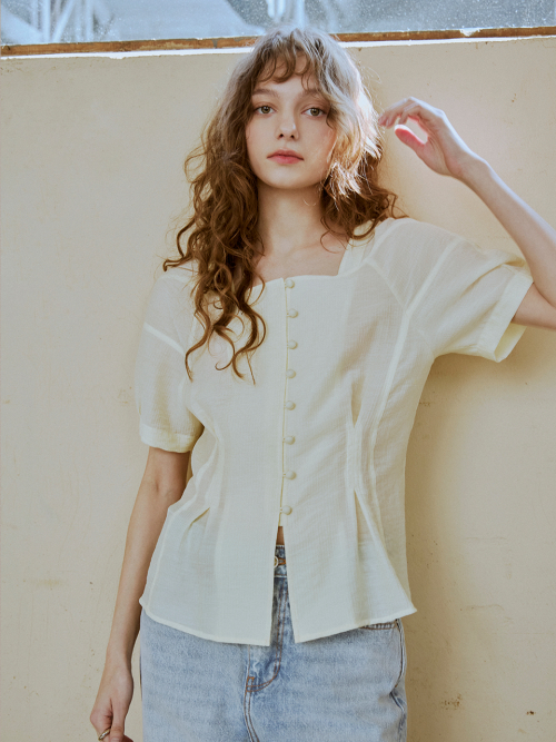 MUSINSA公式 | HUNCH Waisted square-neck blouse (2color)