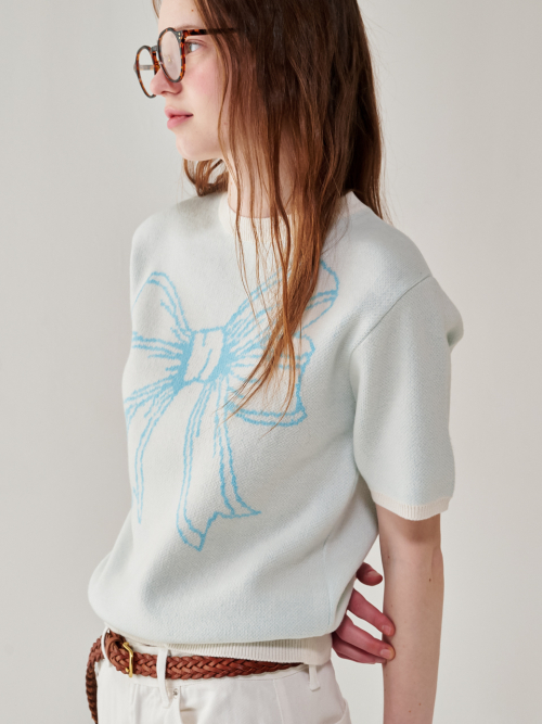 MUSINSA | RONRON RIBBON ITALY COTTON SHORT KNIT IVORY BLUE