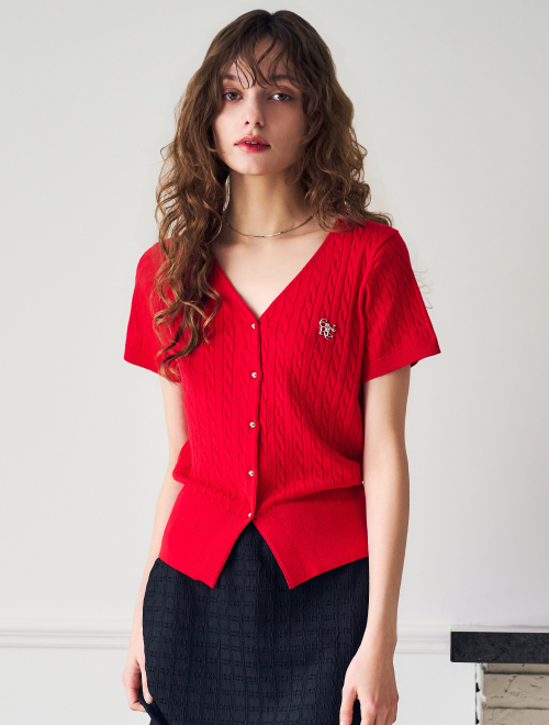 MUSINSA | GENERAL IDEA Tencel V-neck Cable Cardigan [RED] / WBD2L43545