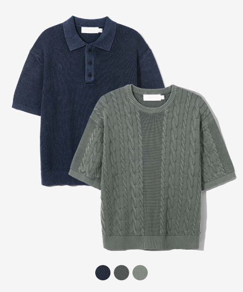 세컨모놀로그(SECONDMONO) [SET]코튼 워싱 하프 니트 (2 STYLE&3 COLOR)_SEKT022SEKT023 ...