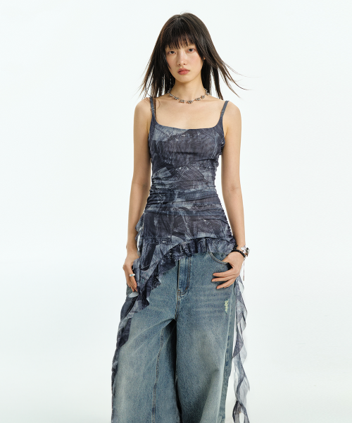 MUSINSA | WESAME LAB Irregular pleated ruffle denim print top