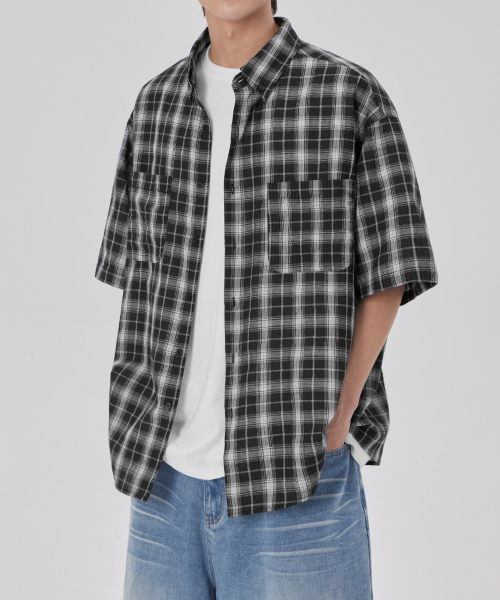 MUSINSA | GLW Overfit vintage two-pocket check half shirt black