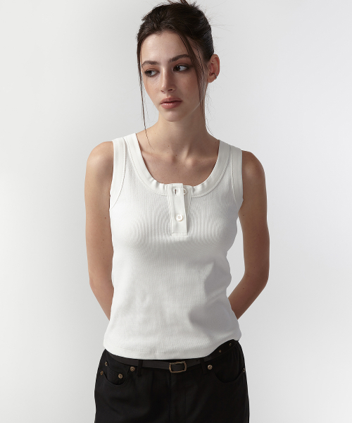 MUSINSA | EAN JO BUTTON HENLEY NECK RIBBED TANK TOP (WHITE)