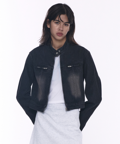 MUSINSA公式 | PLACE STUDIO Sand washed denim vintage biker crop jacket jumper [black and blue]