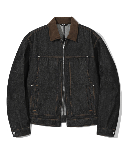 MUSINSA | TRILLION Corduroy Collar Denim Zip-Up Work Jacket (BLACK)