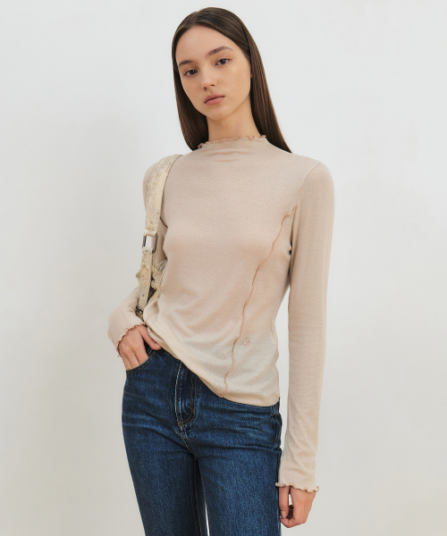 MUSINSA公式 | CITYBREEZE WOMAN Wooltencel wave detail half neck t-shirt_BEIGE