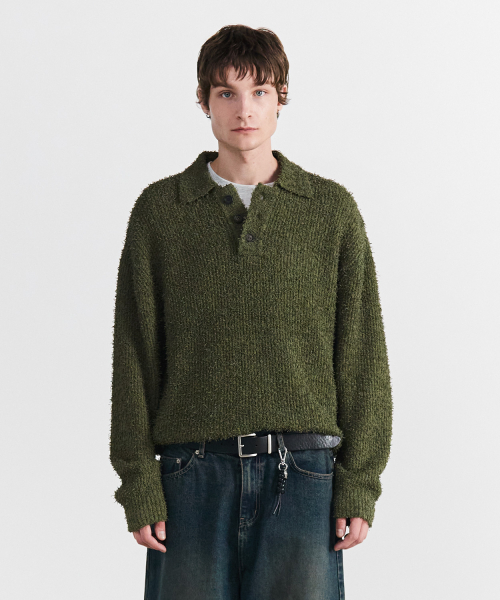 MUSINSA | LEIRE Buckle Collar Button Knit [Khaki]