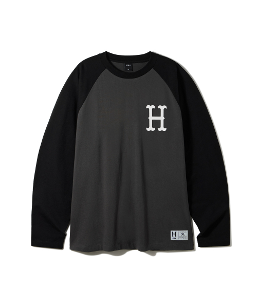 MUSINSA | HUF H LOGO RAGLAN LONG SLEEVE [CHARCOAL/BLACK]