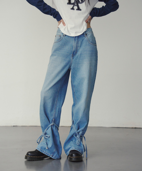 MUSINSA | PRENDA RIBBON STRING POINT DENIM PANTS LIGHT BLUE