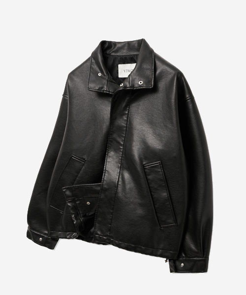 MUSINSA | VTWO Washed High Neck Leather Bomber Jacket_Black