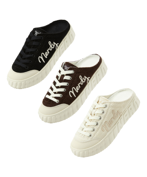MUSINSA | NERDY Lovely Letter Corduroy Mule (Black/Ivory/Brown)