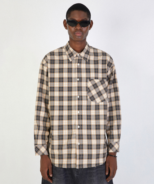 MUSINSA | BOUNDARY Loose fit square check shirt [brown]