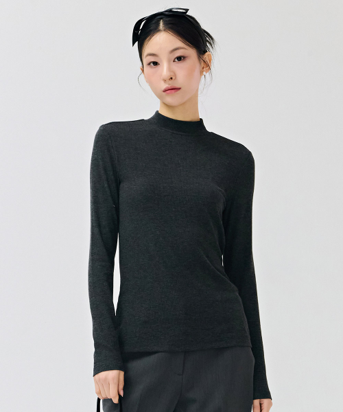 MUSINSA | CHASECULT Women's Basic Half Neck T-Shirt - Charcoal Grey