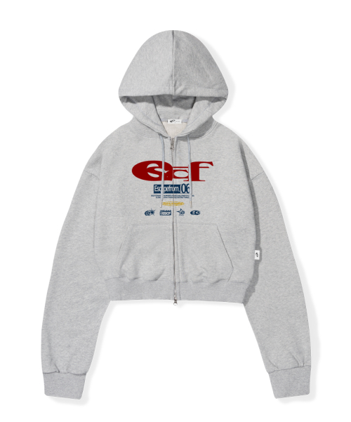 MUSINSA | ESCAPEFROM Red ESCF Logo Collage Print Crop Hoodie Gray