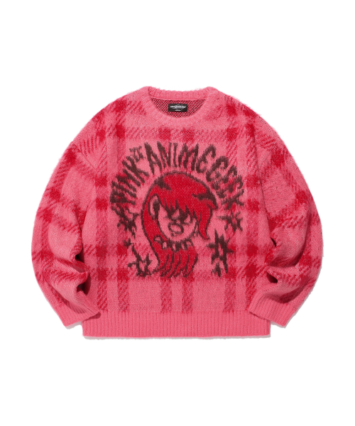 MUSINSA | NICE GHOST CLUB ANIME BRUSH CHECK KNIT_PINK(NG2EFUK601A)