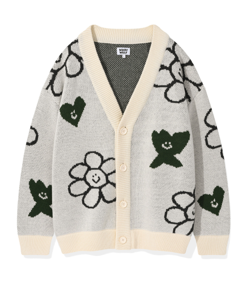 MUSINSA | WACKY WILLY Flory Pattern V-Neck Cardigan Cream