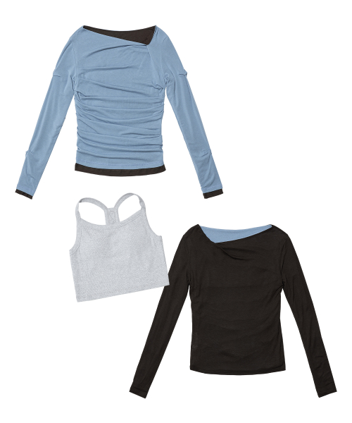MUSINSA | PARTIMENTO WOMEN Double Faced Pintuck Drape Top 2PACK_Dusty Blue