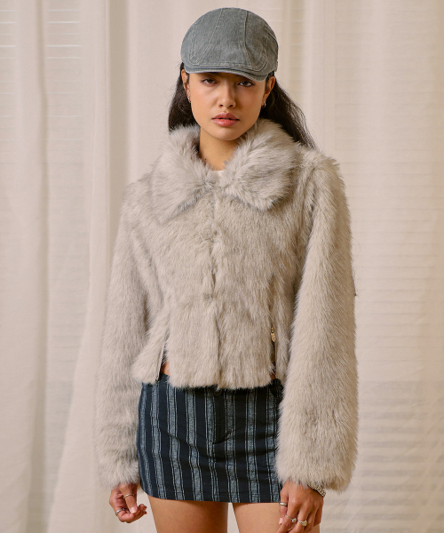 MUSINSA | BITTERCELLS Awesome Crop Fur Jacket-Grey