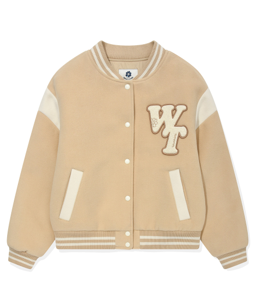 MUSINSA | WACKY WILLY Women's Buckle Logo Varsity Jacket Beige