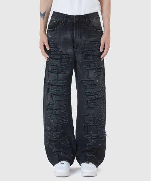 MUSINSA | SMOKERISE HEAVY FRAYED THREAD JEANS_CHRYSTIE BLACK
