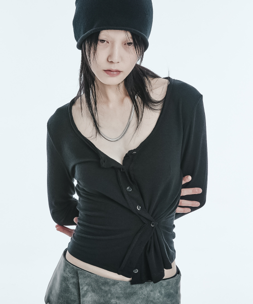 MUSINSA | A FEW COMMENTS Knit cut-off unbalanced button cardigan BLACK