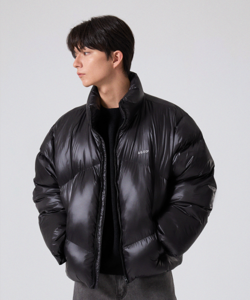 MUSINSA | AGOD Semi Over Daily Padding Jumper [Glossy Black]