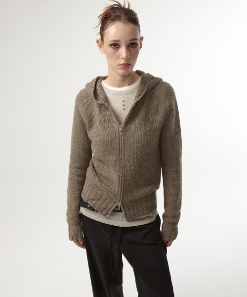 MUSINSA | EAN JO HOOD ZIP UP KNITTED CARDIGAN (DARK BEIGE)