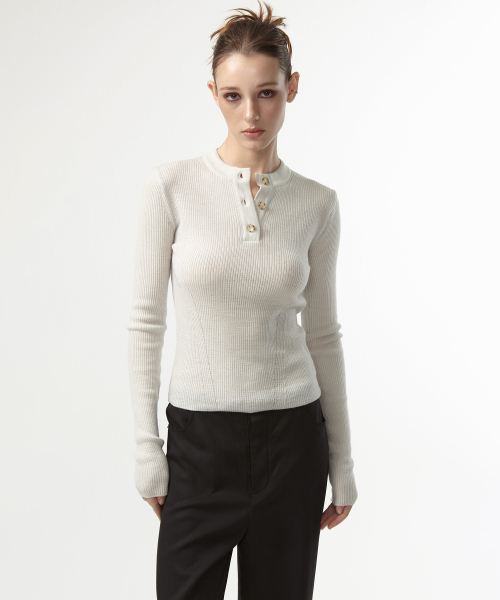 MUSINSA | EAN JO WOOL BUTTON UP RIBBED KNIT (MINT GREY)