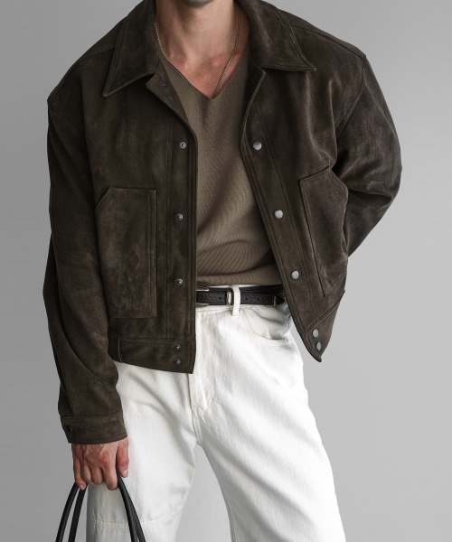 MUSINSA | BOWLOW PRODUCT Crop Suede Open Collar Jacket [Mocha]