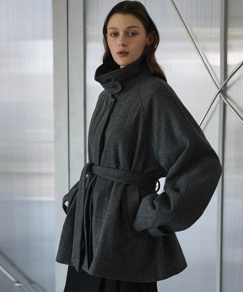 MUSINSA | DEHEVE Belted High-Neck Half Coat [Charcoal]