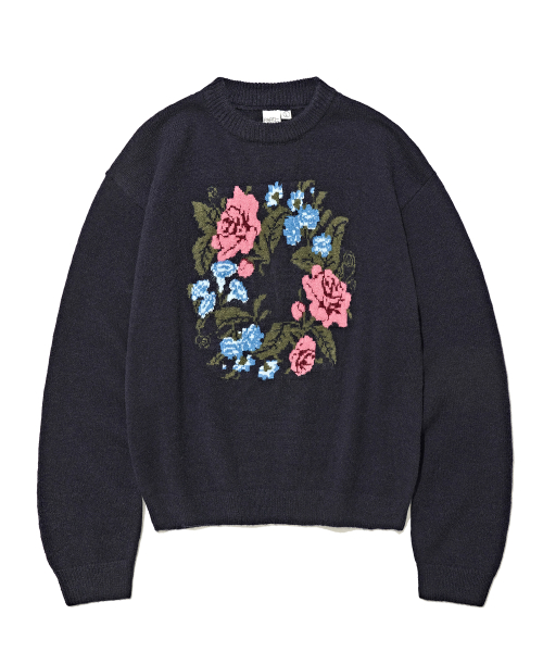 MUSINSA | PARTIMENTO Vintage Flower Knit Sweater Navy