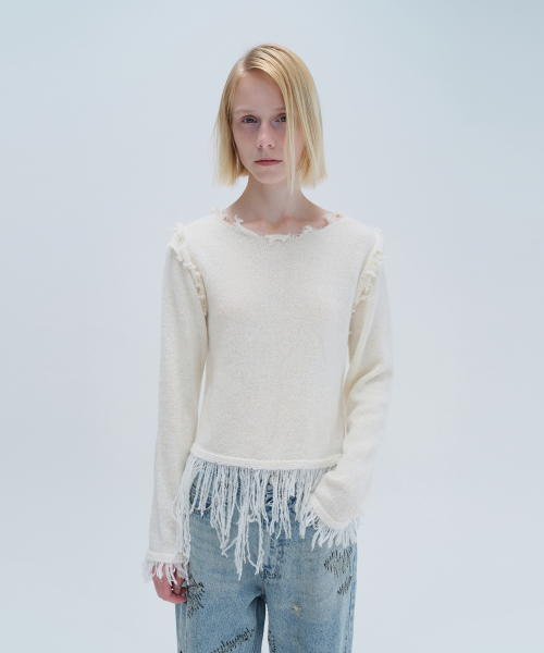 MUSINSA | DIAGONAL FRINGE DAMAGE KNIT (ivory)