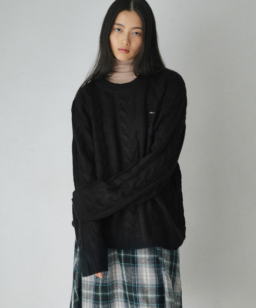 MUSINSA | BELLOL Solid Cable Pullover Round Knit Black