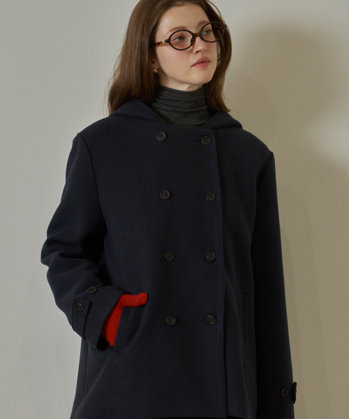 MUSINSA | LETTER FROM MOON Hooded Double Wool Half Coat (Navy)