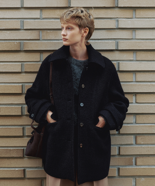 MUSINSA | LOEIL Classic bouclé wool half coat - black