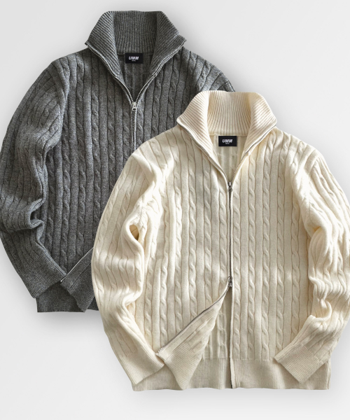 MUSINSA | UMM Cable Two Way Half Knit Zip-up Cardigan 4COLOR