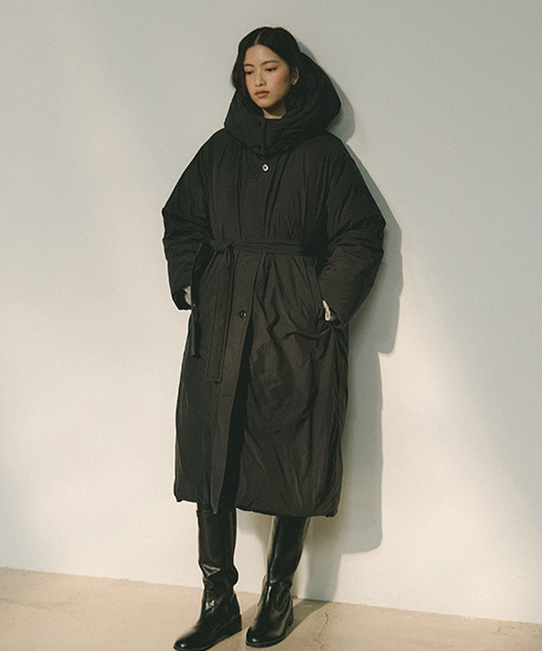MUSINSA | LINGSEOUL hooded reversible goose down long padding jumper-black