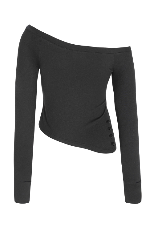 MUSINSA | BELLIALEU ONE SHOULDER BUTTON TEE-BLACK