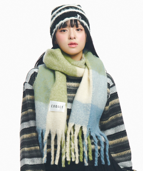 MUSINSA | COQUET FRINGED BRUSHED CHECK LONG MUFFLER OLIVE GREEN