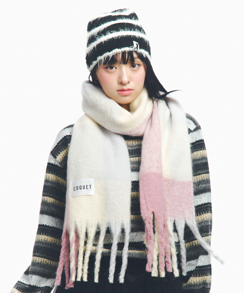 MUSINSA公式 | COQUET FRINGED BRUSHED CHECK LONG MUFFLER INDI PINK