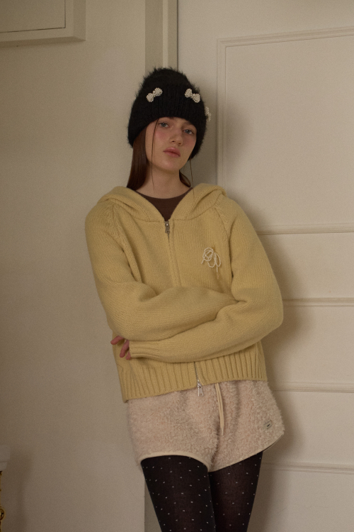 MUSINSA | LETERIE HOODIE KNIT ZIP-UP CARDIGAN RIBBON SET_YELLOW