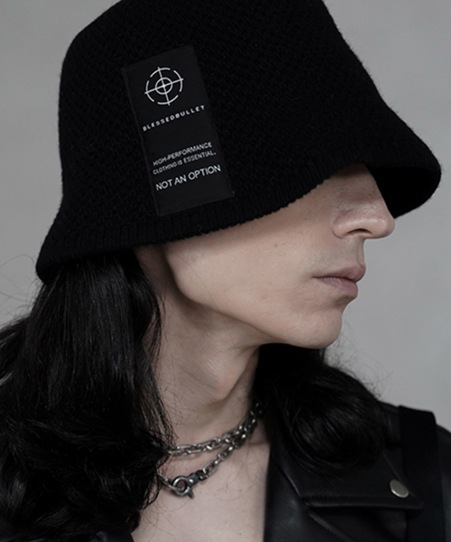 MUSINSA公式 | BLESSED BULLET Oversized Logo Knit Bucket Hat-BLACK-LONG LOGO