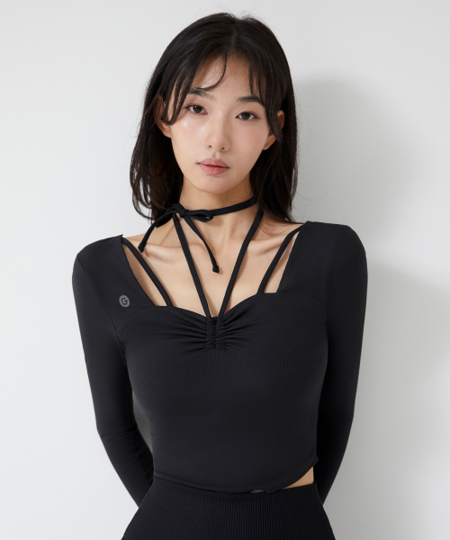 MUSINSA | GRANDELINE Elflex Rib Shirring Halter Long Sleeve_2COLOR