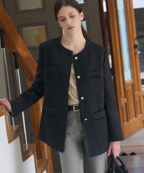 MUSINSA | DRAWFIT WOMEN Fringe Round Long Tweed Jacket [BLACK]