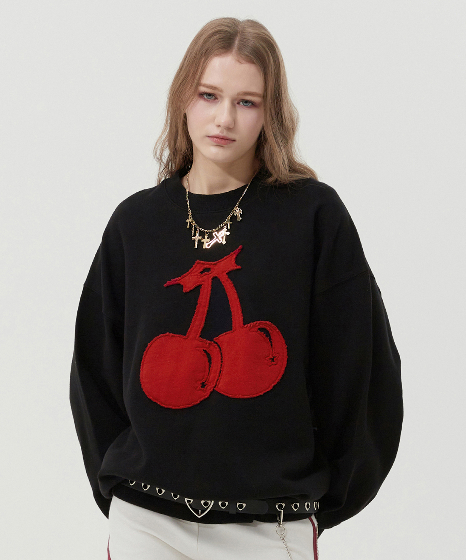 Kirsh 搖滾櫻桃貼花大學T (黑色) (Creatrip)