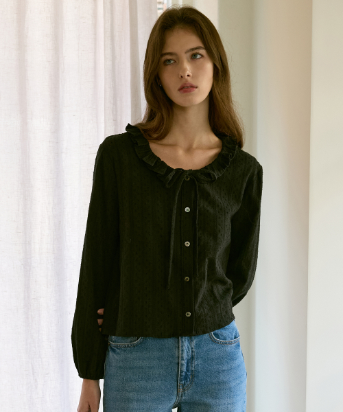 MUSINSA | LETTER FROM MOON Claire Ribbon Ruffle Balloon Blouse (Black)